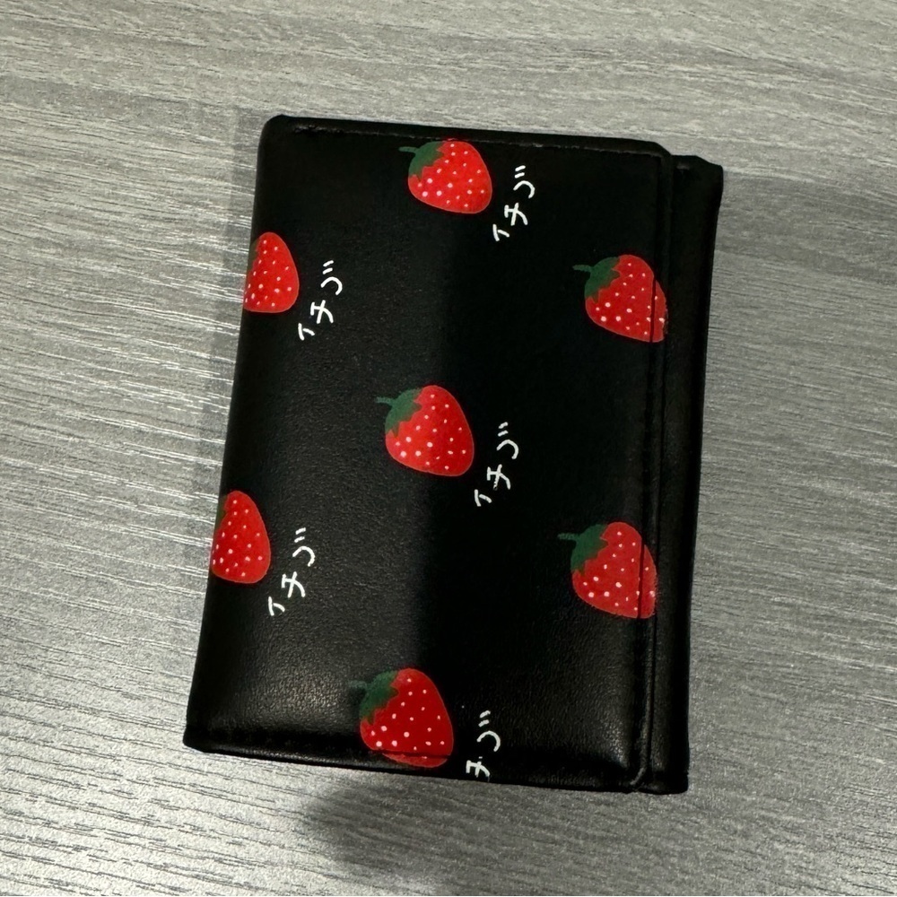 Black Strawberry Print Tri-Fold Wallet - Gem